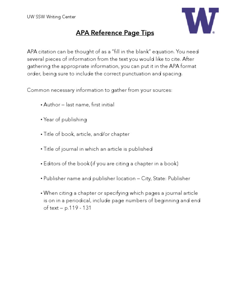 APA Reference Page Worksheet - UW SSW Writing Center | PDF | Citation ...
