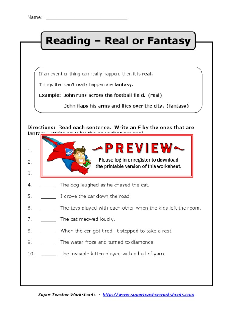Real vs. Fantasy Worksheet | PDF | Games & Activities | Language Arts ...