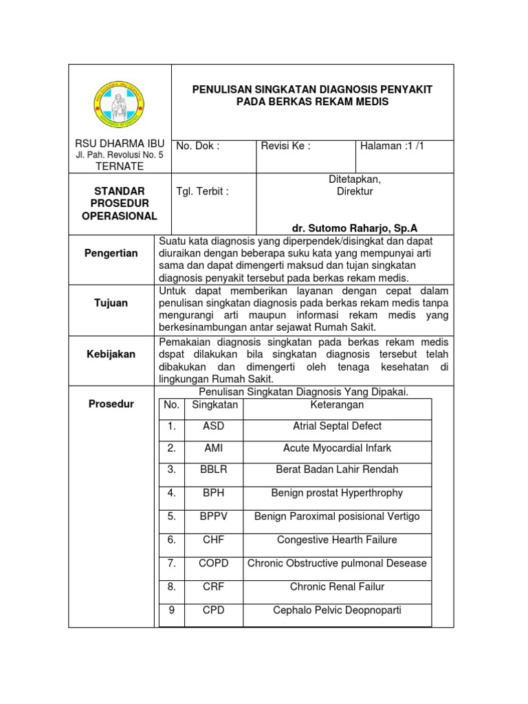 SPO Penulisan Singkatan Diagnosa PD RM | PDF
