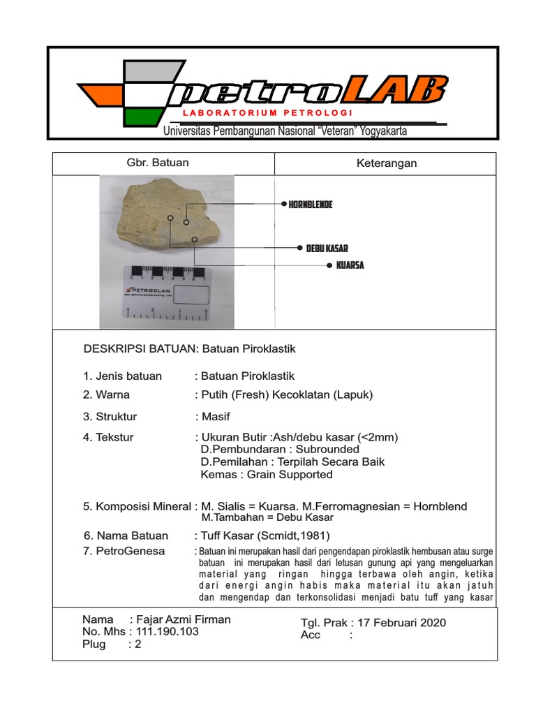 LEMBAR DESKRIP PETRO - Batuan Piroklastik Tuff Kasar | PDF