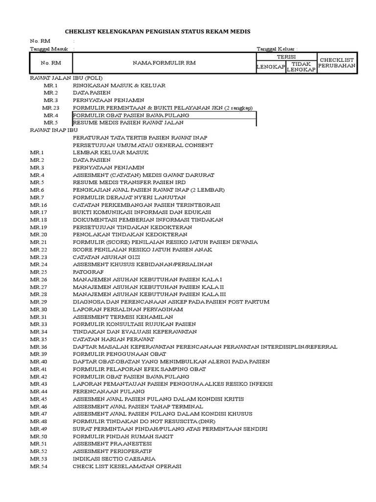 Cheklist Kelengkapan Pengisian Status Rekam Medis | PDF