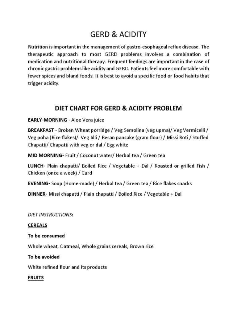 Diet Chart For Gerd & Acidity Problem | PDF