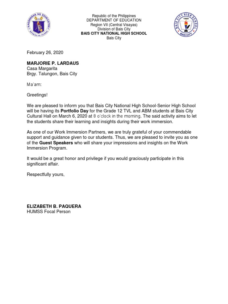 INVITATION LETTER For CULMINATING PROGRAM | PDF