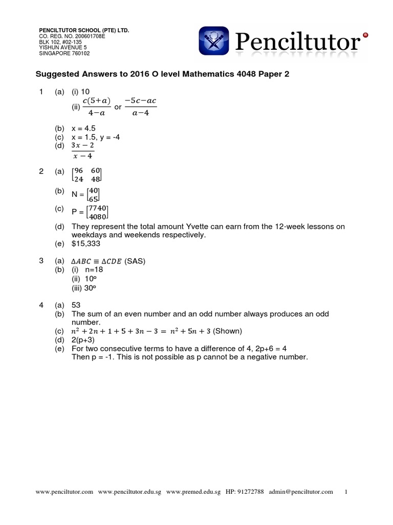 Suggested Answers For 2016 O Level Maths Paper 2 | PDF | Teaching ...