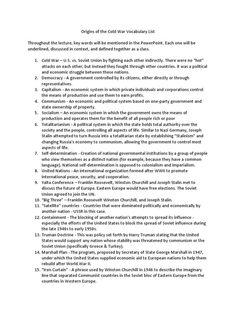 Origins of The Cold War Vocabulary List | PDF