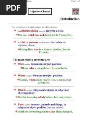 Adjective Clauses And Relative Pronouns