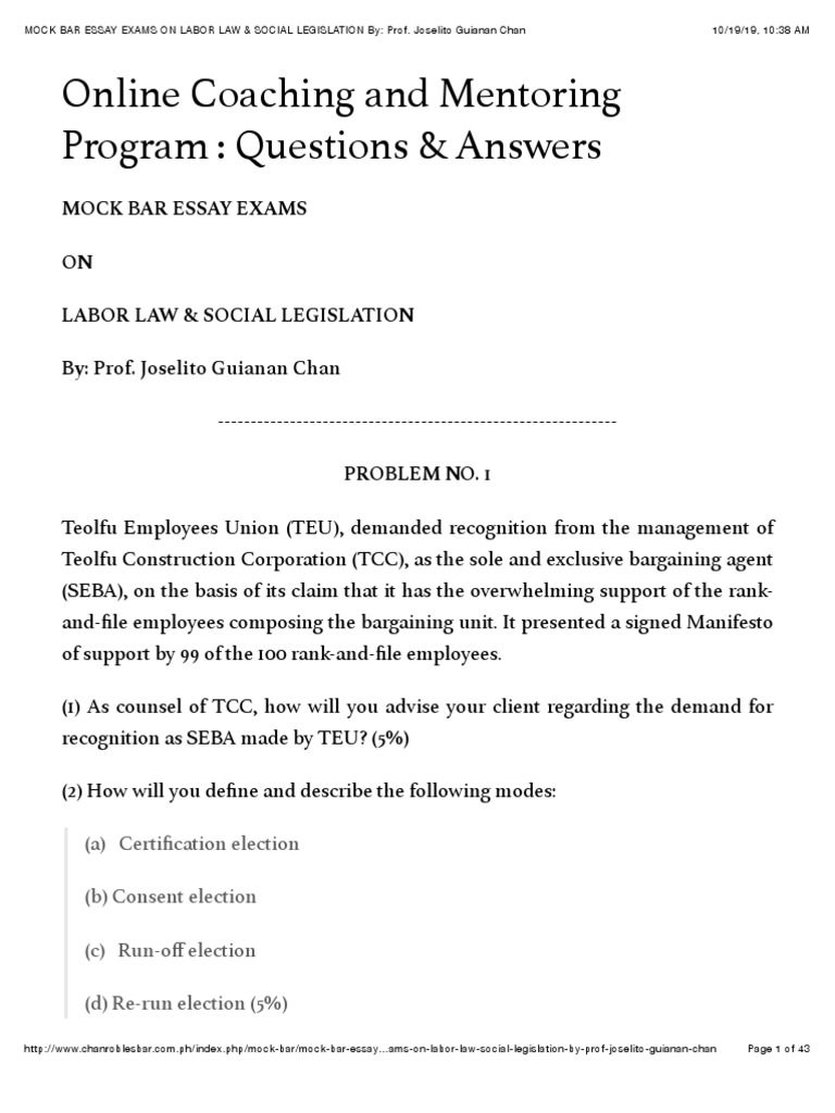 2019 CHAN Labor Law Mock Bar Exam | PDF