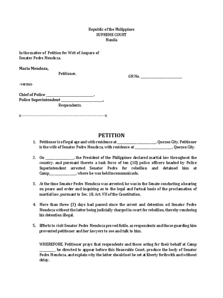 Sample Petition of Writ of Habeas Corpus | PDF Sample Petition of Writ of Habeas Corpus | PDF
