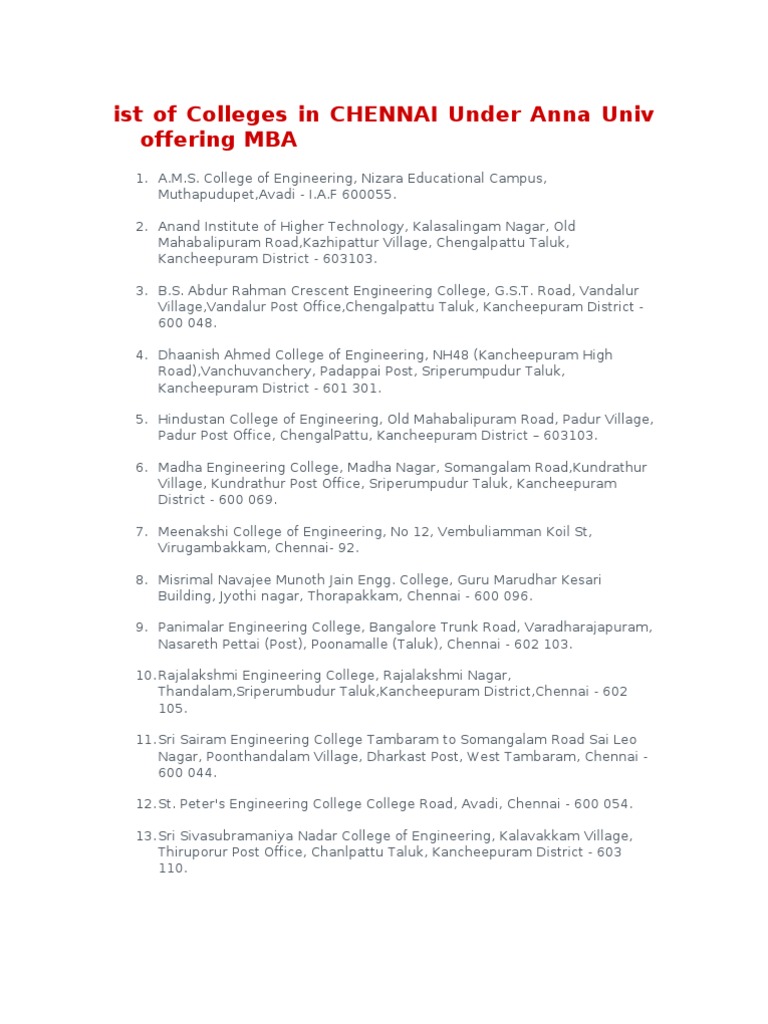 MBA Colleges in Chennai Under Anna University | PDF