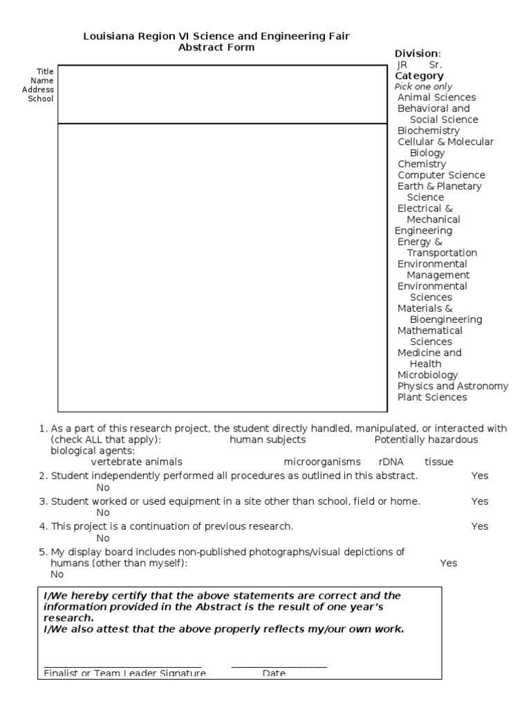 Louisiana Science Fair Abstract Form | PDF | Biological Engineering ...