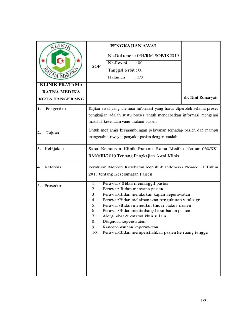 Sop Pengkajian Awal Klinis (Screening) | PDF | Kesehatan Holistik | Sains & Matematika