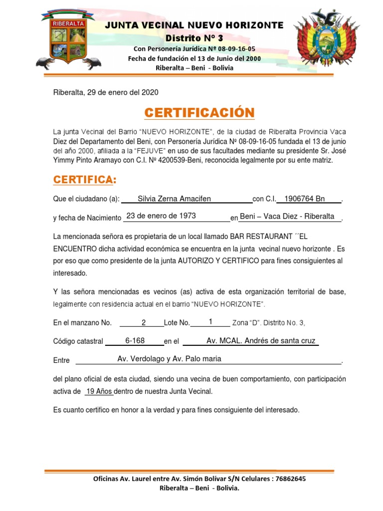 Certificacion - Junta Vecinal - Nuevo Horizonte 2018 - 2020 | PDF