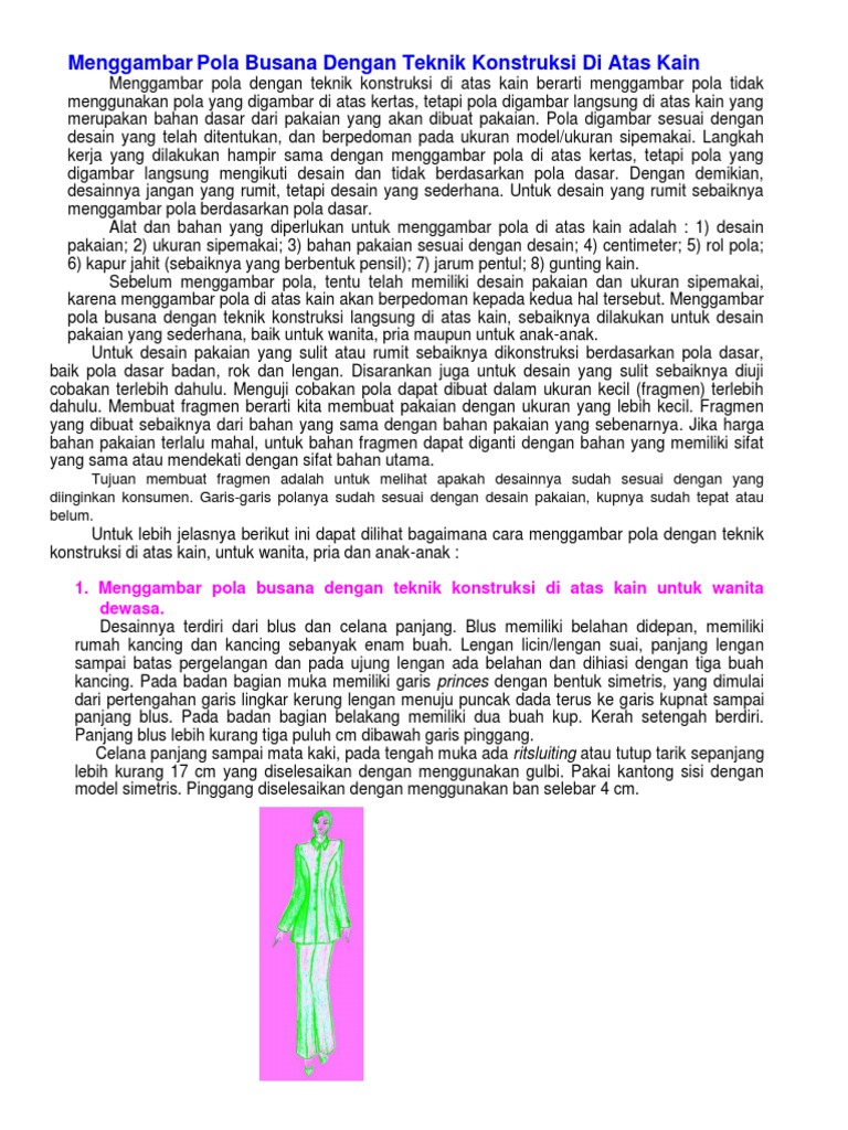 Menggambar Pola Busana Dengan Teknik Konstruksi Di Atas Kain | PDF