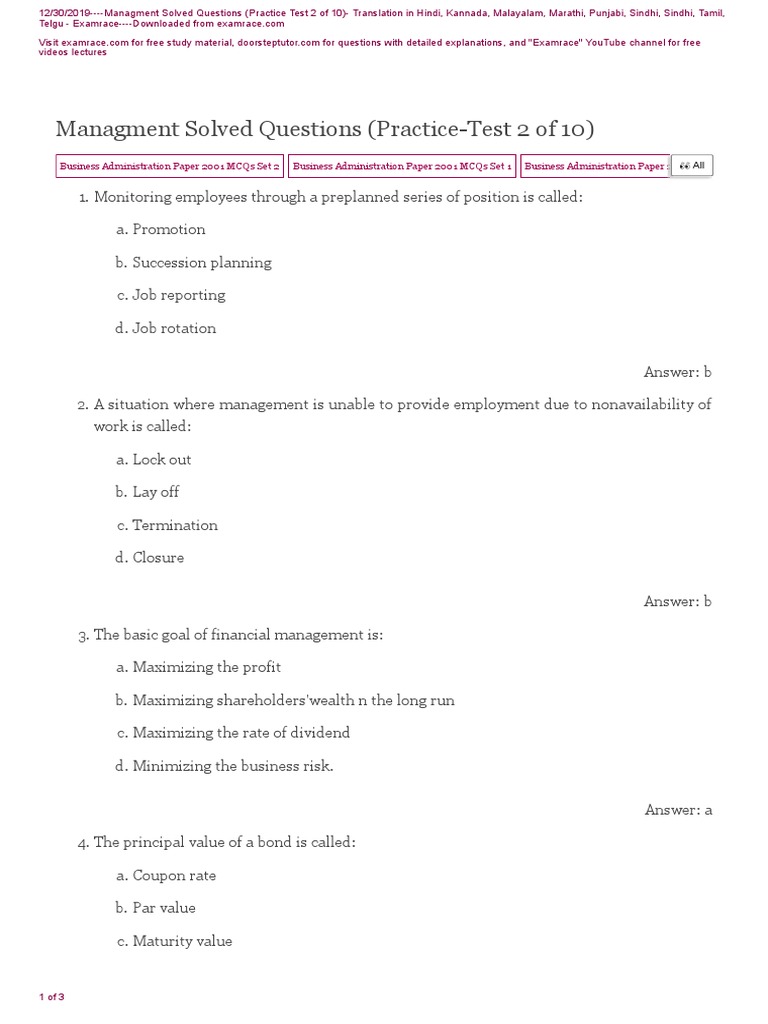 Management Practice Test 2 with Answers | PDF