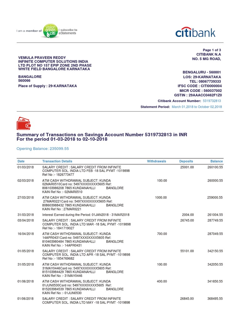 Citibank Account Statement Mar-Oct 2018 | PDF | Finance & Money Management