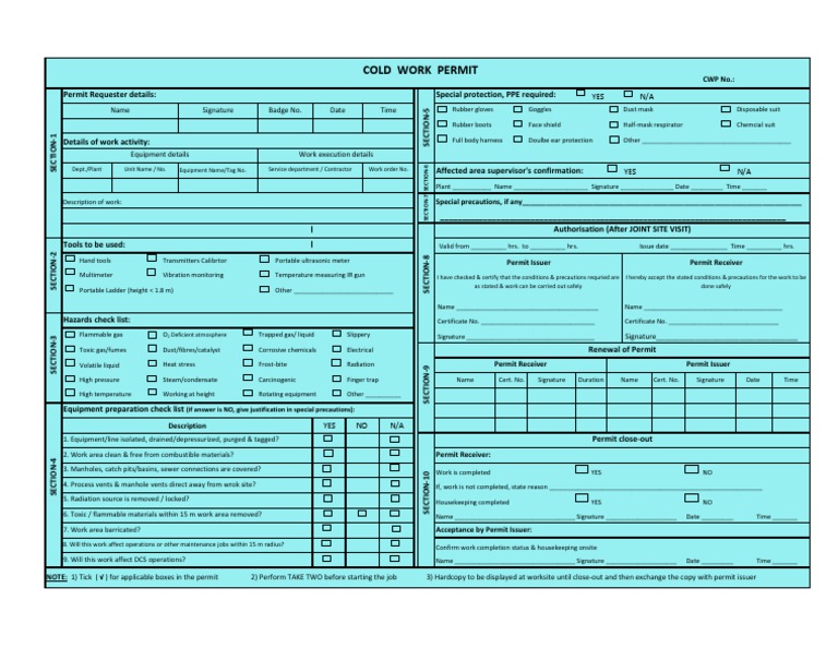 Cold Work Permit - Typical Format | PDF | Personal Protective Equipment ...