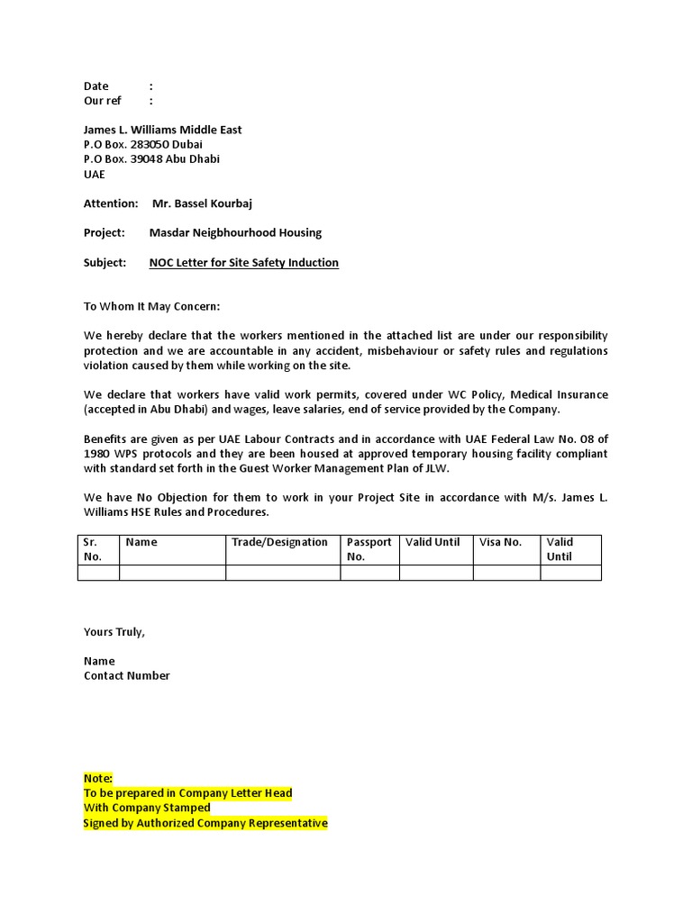 NOC Letter Sample From Subcontractors | PDF