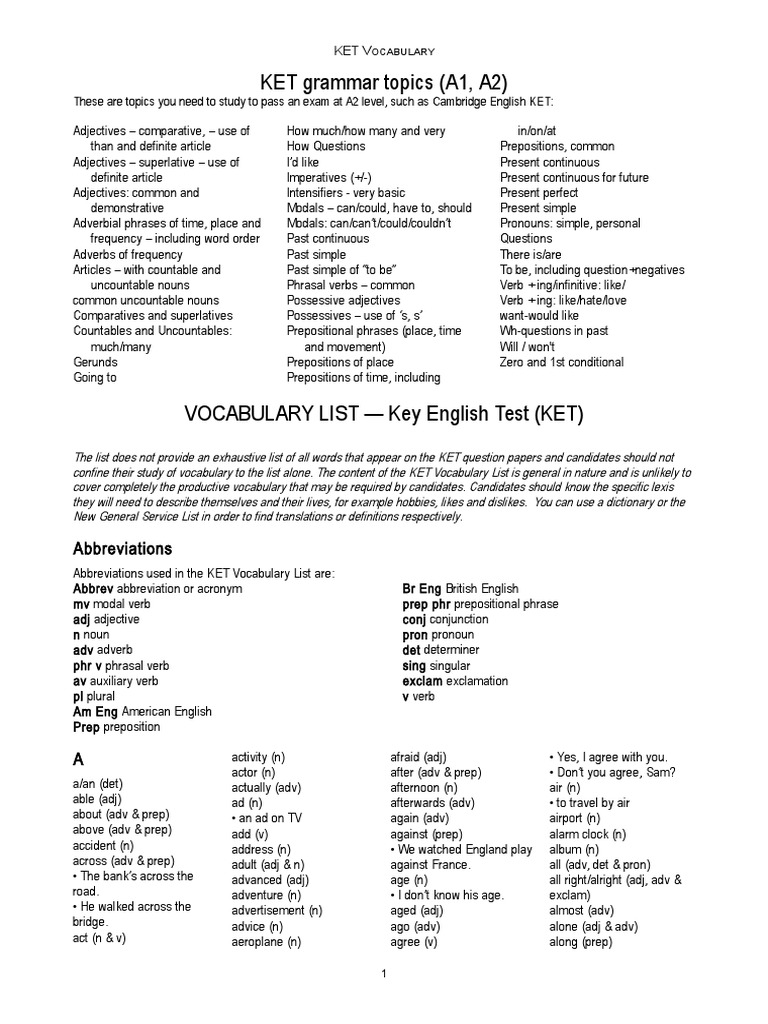 KET Grammar Topics A1 A2 | PDF | Verb | Linguistic Typology