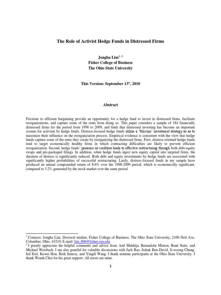 Jongha-Lim Paper Distressed | PDF | Hedge Fund | Securities (Finance)