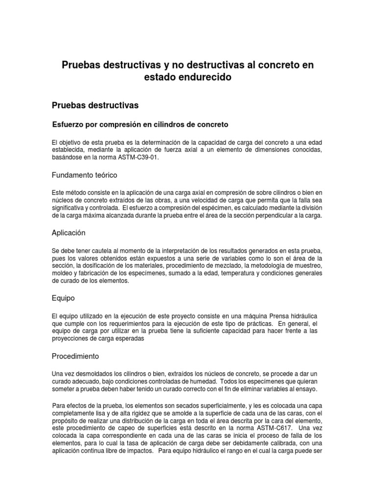 Pruebas Destructivas y No Destructivas Al Concreto en Estado Endurecido ...