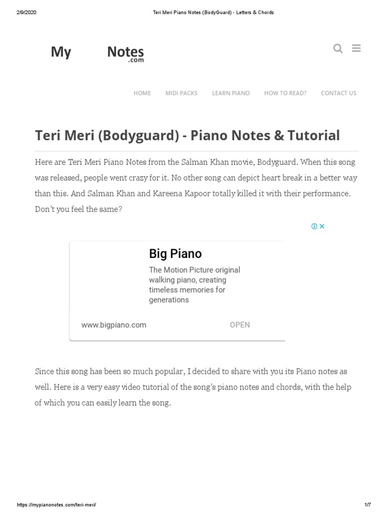 Teri Meri Piano Notes & Chords | PDF