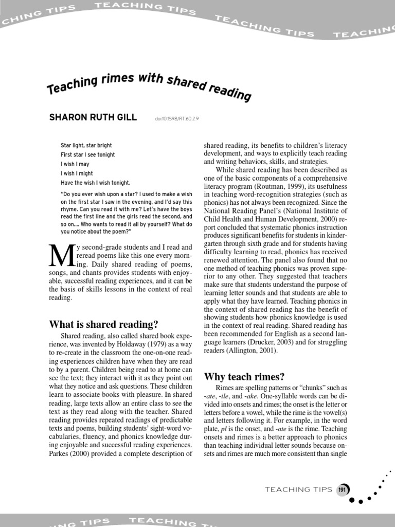 Teaching Rimes With Shared Reading | PDF | Phonics | Reading (Process)
