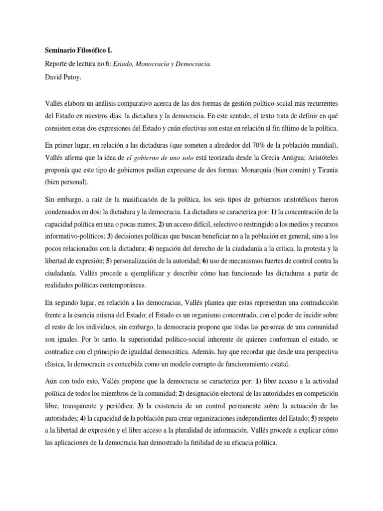 Reporte de Lectura No.6 - Estado, Monocracia y Democracia | PDF ...