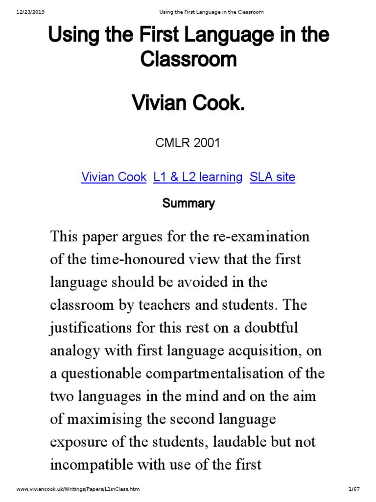 Using The First Language in The Classroom PDF | PDF | Second Language ...
