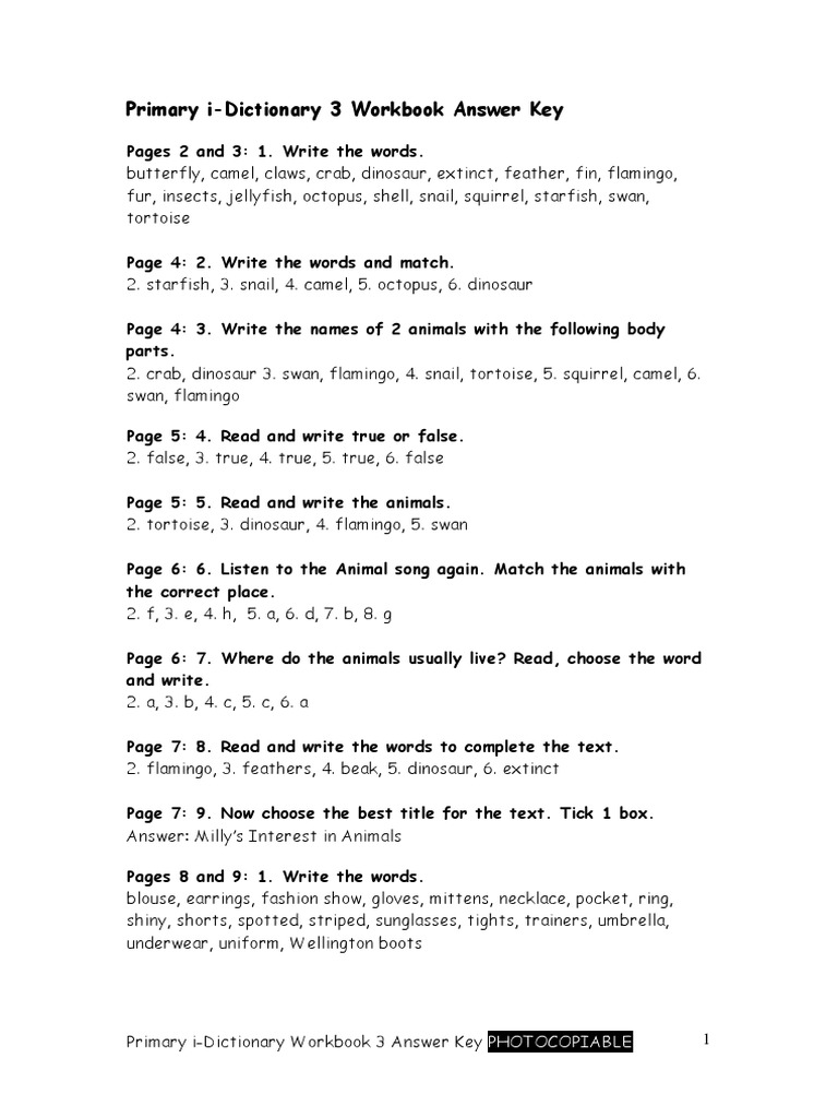 Primary I Dictionary Level3 Workbook Answer Keys PDF | PDF ...