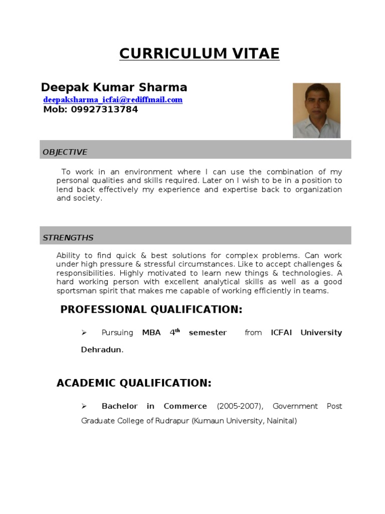 Curriculum Vitae: Deepak Kumar Sharma | PDF | Curriculum | Behavior Modification