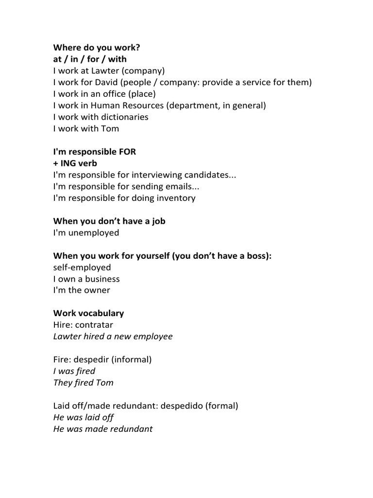 Work Vocabulary | PDF