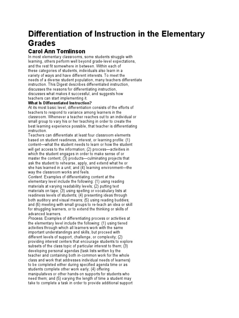 Differentiation of Instruction in The Elementary Grades | PDF ...