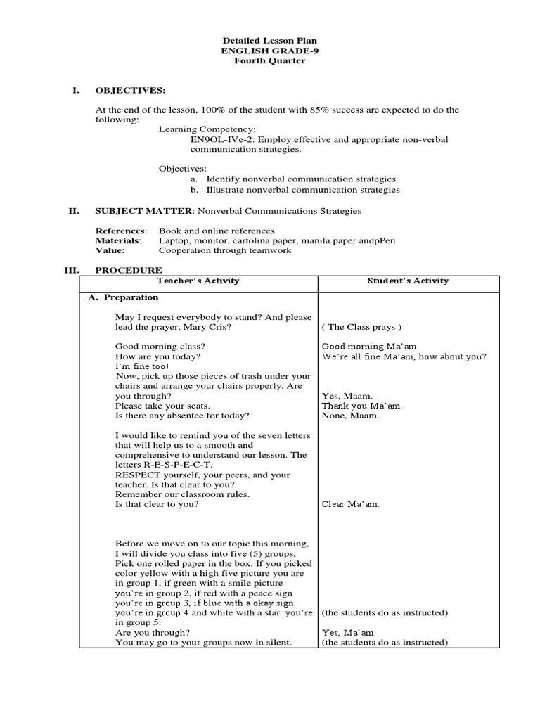 Detailed Lesson PlanPre Demo | PDF | Nonverbal Communication | Body ...