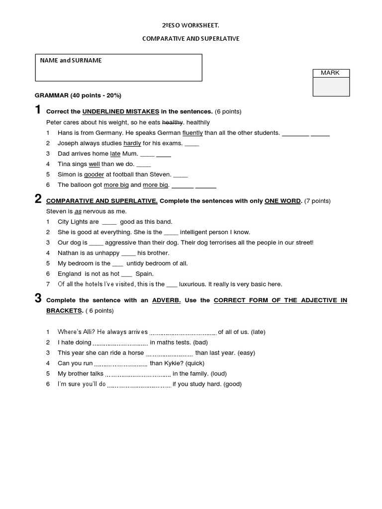 Comparatives and Superlatives Worksheet | PDF | Grammar | Syntax