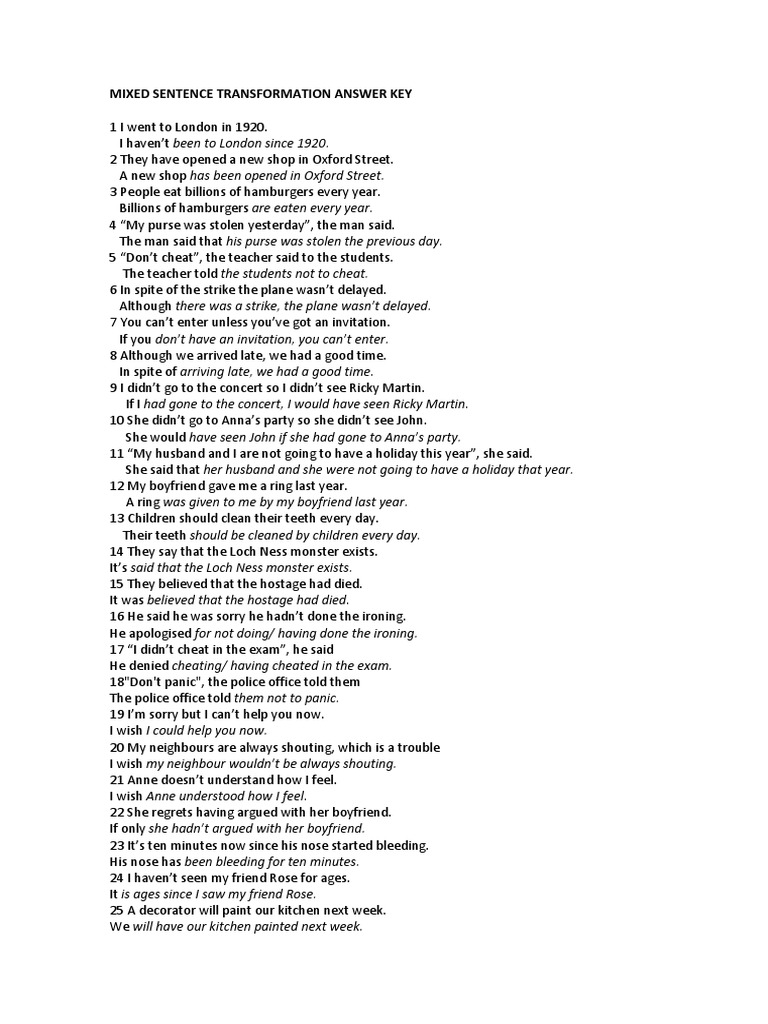Worksheet 6. Mixed Sentence Transformations Answer Key | PDF