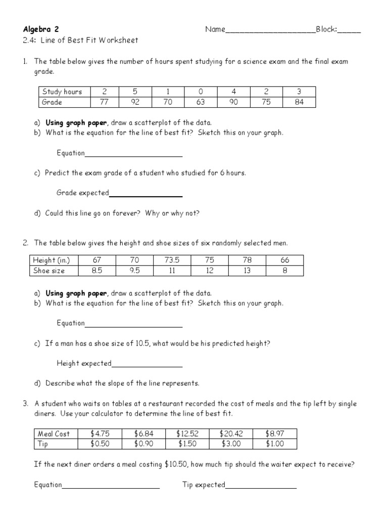 Line of Best Fit Worksheet | PDF | Scatter Plot | Equations