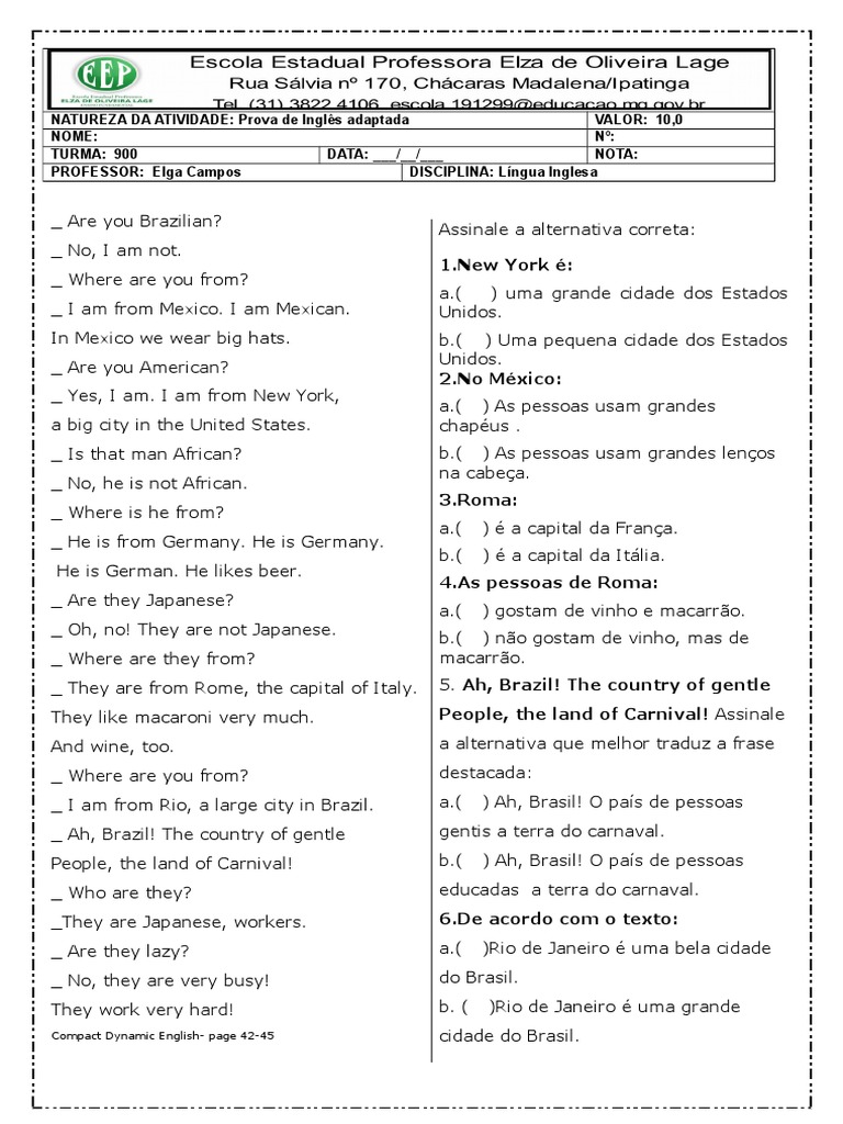 Prova Adaptada Ingles | PDF