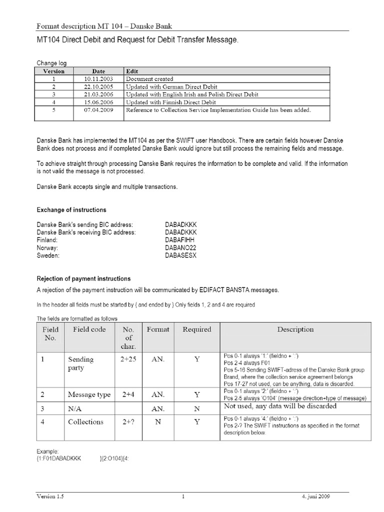 MT104 Direct Debit and Request For Debit Transfer Message. - PDF | PDF