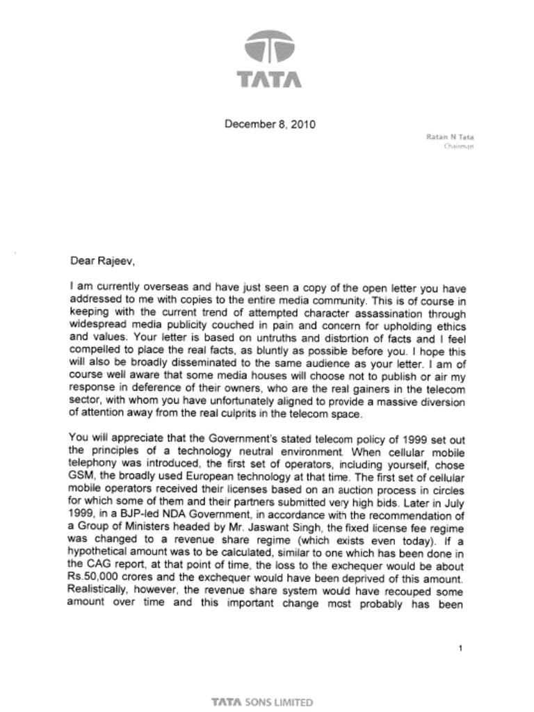 Ratan Tata's Open Letter To Rajya Sabha MP Rajeev Chandrasekhar | PDF