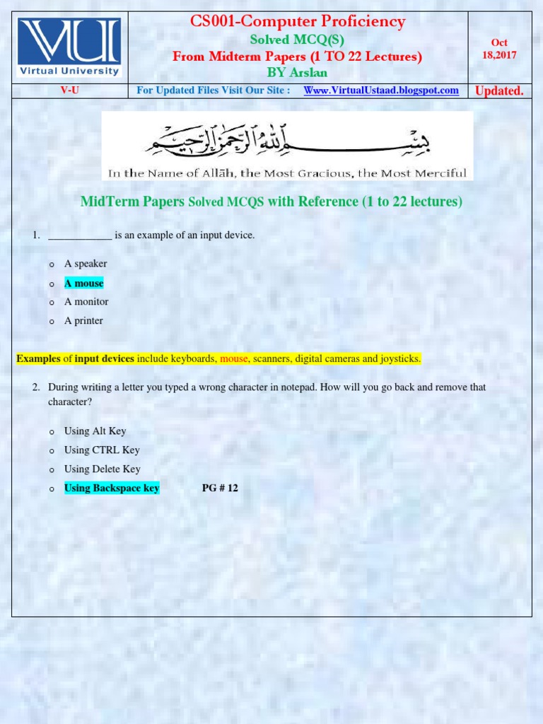 Cs001 Midterm Mcqs With Reference Solved By Arslan Pdf Personal Computers Icon Computing