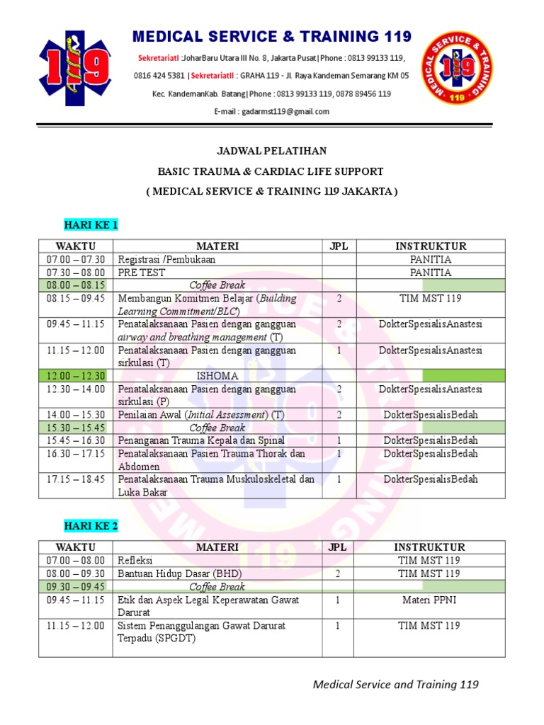 Jadwal BTCLS RSI Kendal | PDF | Medical Emergencies | Emergency Medical Services