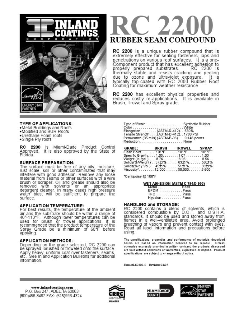RC 2200 Rubber Seam Compound | PDF | Natural Rubber | Roof