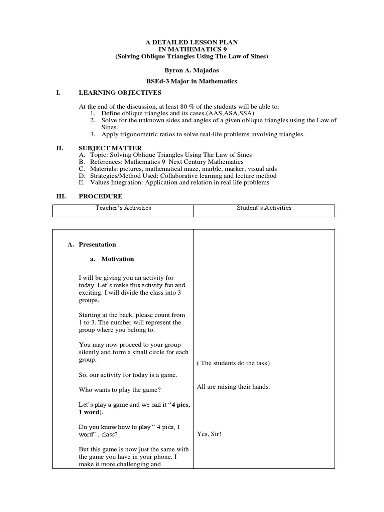A Detailed Lesson Plan in Sine Rule 1 | PDF | Odds | Trigonometric ...
