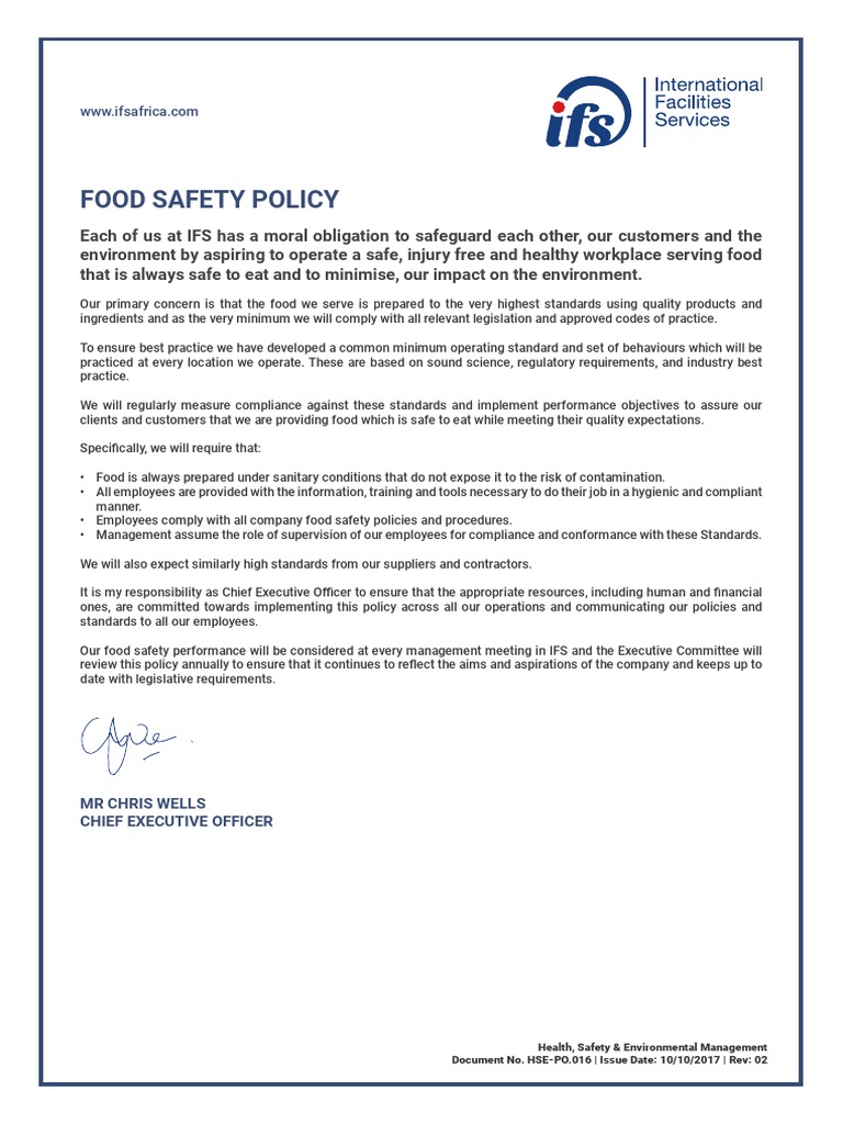 Ifs Food Safety Policy PDF | PDF