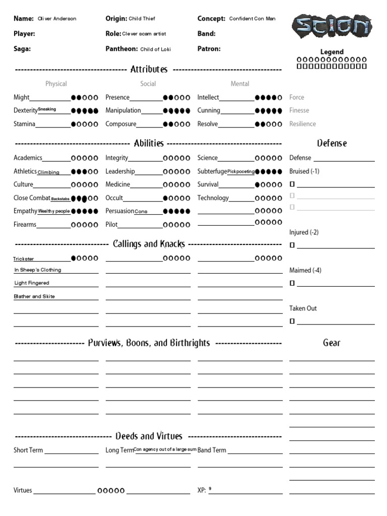 Scion Character Sheet | PDF | Behavioural Sciences | Social Psychology