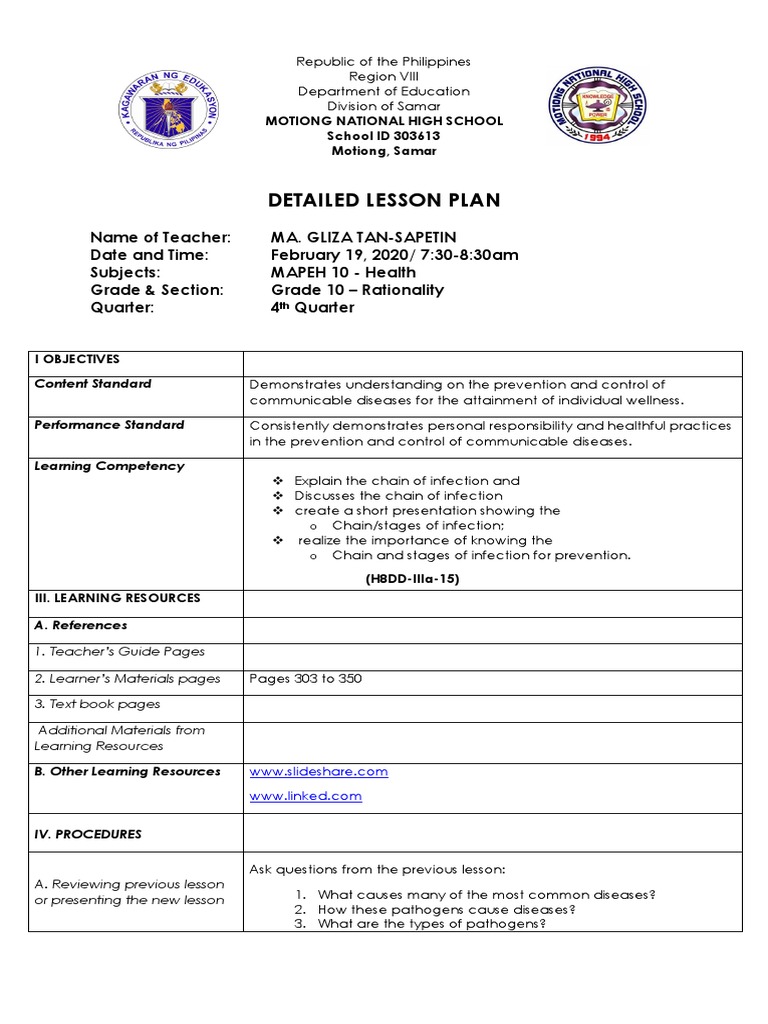 Chain of Infection Lesson Plan for Grade 10 | PDF | Infection | Lesson Plan