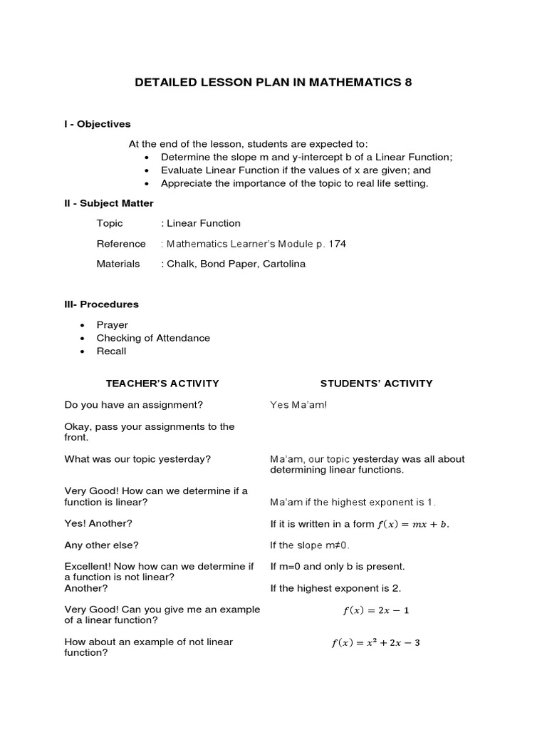 Detailed Lesson Plan For Linear Functions | PDF | Lesson Plan ...