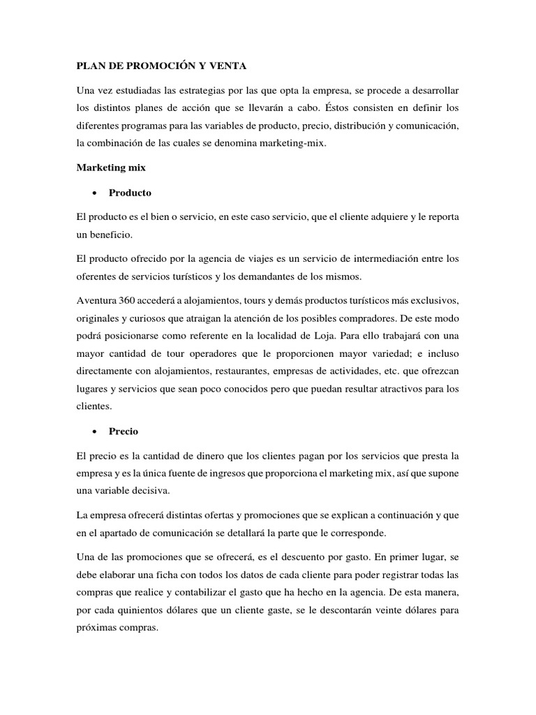 Plan de Promoción y Venta | PDF | Agencia de viajes | Marketing