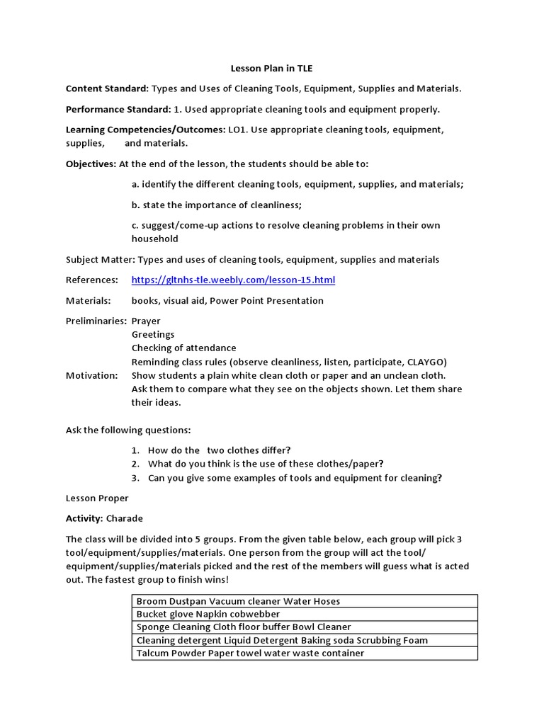Housekeeping Lesson Plan Overview | PDF | Housekeeping | Teaching
