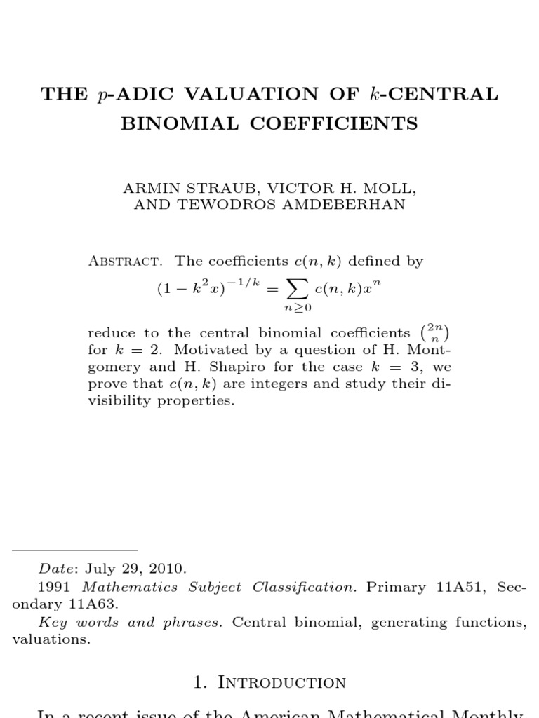 The P-Adic Valuation of K-Central Binomial Coefficients | PDF | Theorem | Fraction (Mathematics)